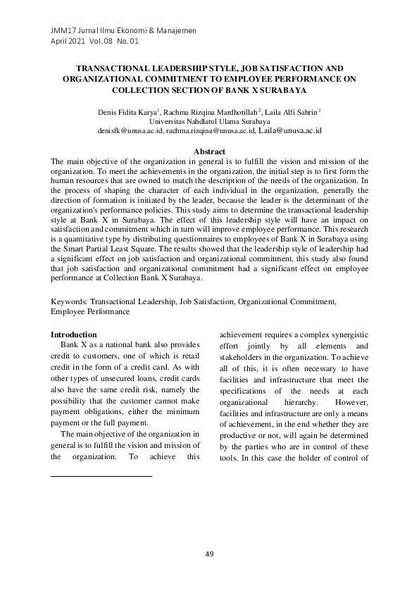 (PDF) Transactional Leadership Style, Job Satisfaction and Organizational Commitment to Employee ...