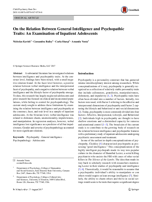 (PDF) On the Relation Between General Intelligence and Psychopathic ...