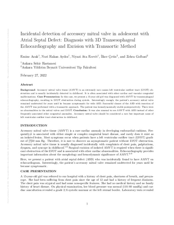 Pdf Incidental Detection Of Accessory Mitral Valve In Adolescent With Atrial Septal Defect