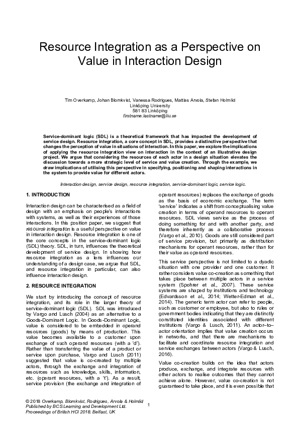 (PDF) Resource integration as a perspective on value in interaction design