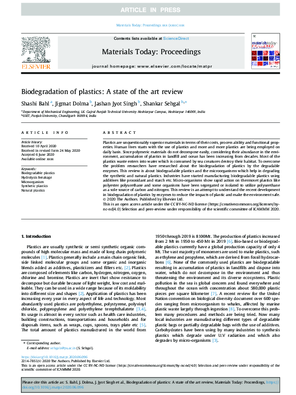 (PDF) Biodegradation of plastics: A state of the art review