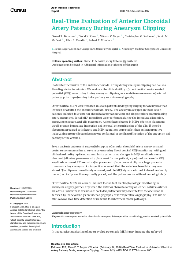 (PDF) Real-Time Evaluation of Anterior Choroidal Artery Patency During ...