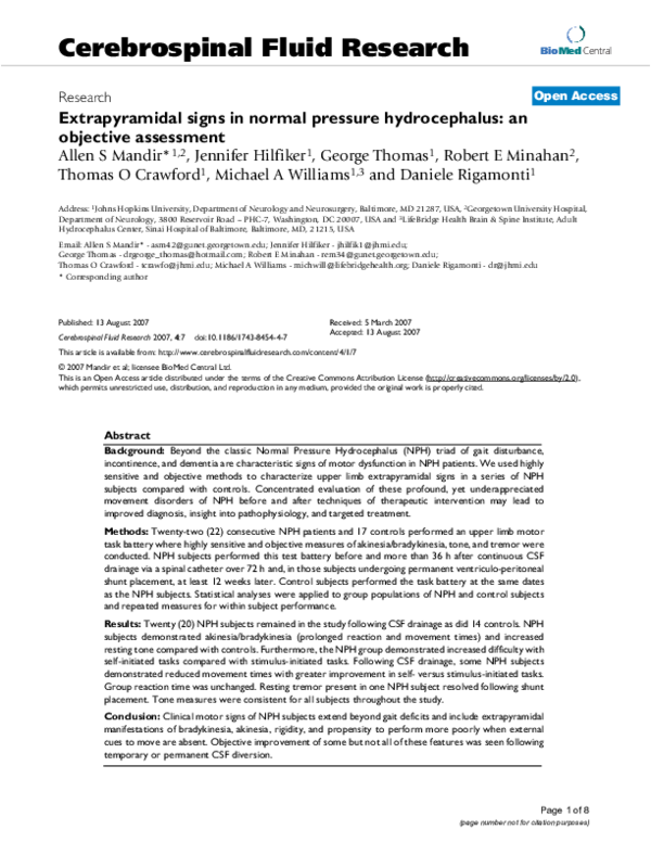 (PDF) Extrapyramidal signs in normal pressure hydrocephalus: an ...