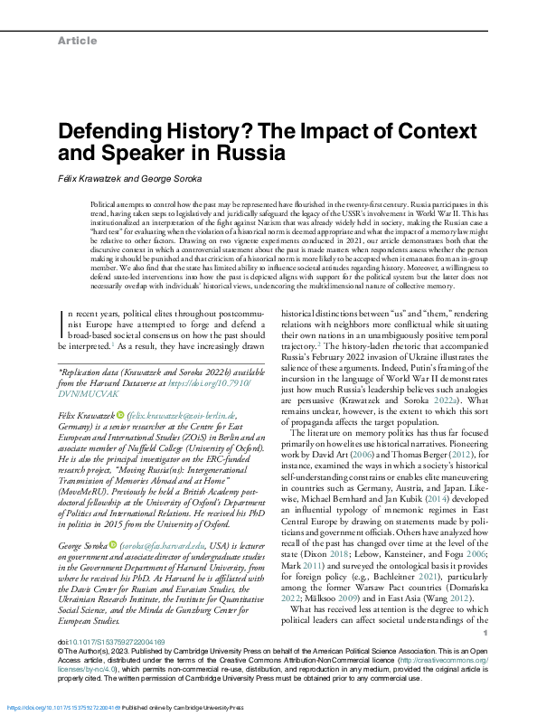 (PDF) Defending History? The Impact of Context and Speaker in Russia