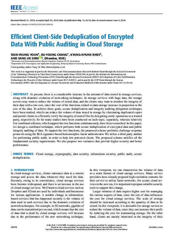 (PDF) Efficient Client-Side Deduplication of Encrypted Data With Public Auditing in Cloud Storage