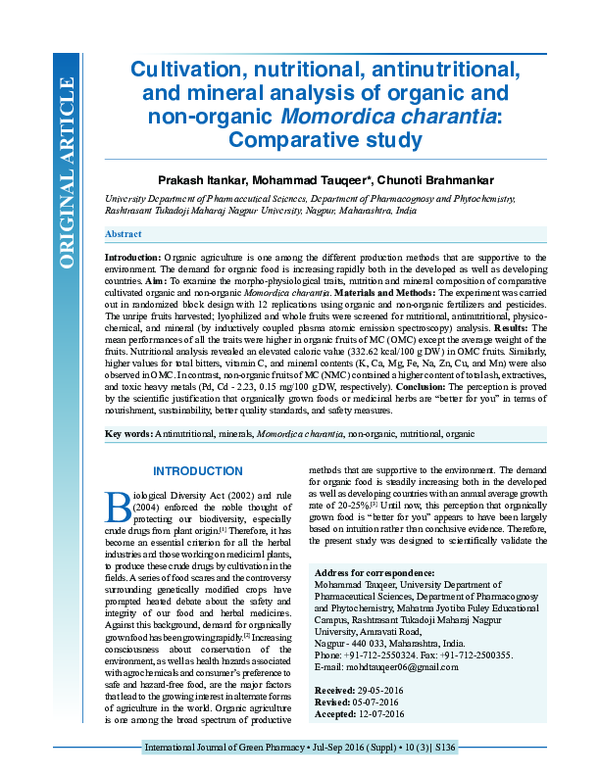 (PDF) Cultivation, nutritional, antinutritional, and mineral analysis of organic and non-organic ...