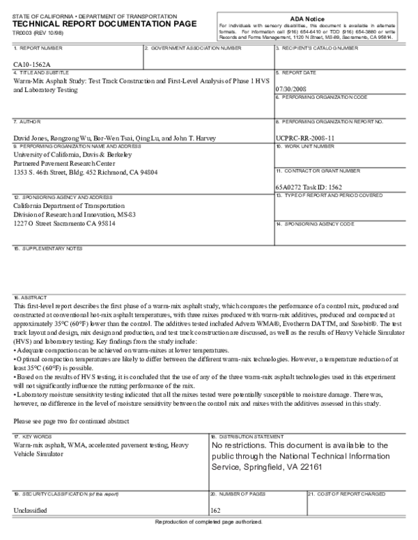 (PDF) Warm-mix asphalt study: test track construction and first-level ...
