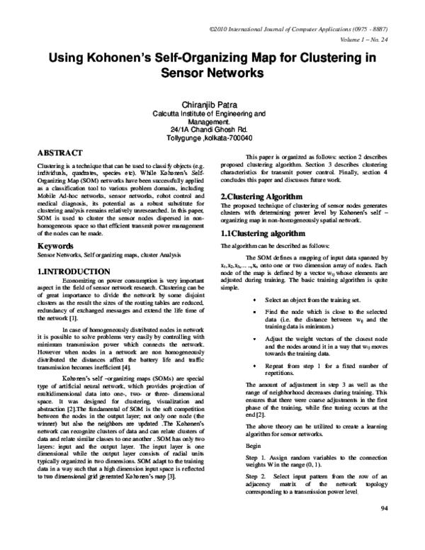 (PDF) Using Kohonen's Self-Organizing Map for Clustering in Sensor Networks