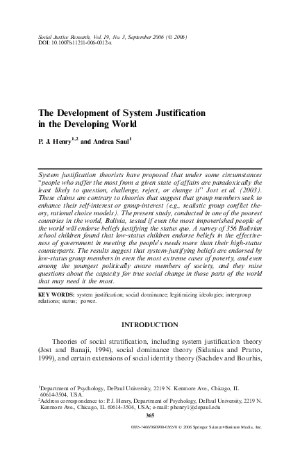 (PDF) The Development of System Justification in the Developing World