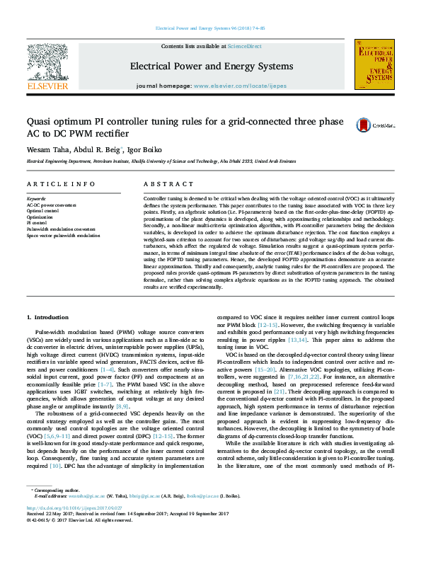 (PDF) Quasi optimum PI controller tuning rules for a grid-connected three phase AC to DC PWM ...