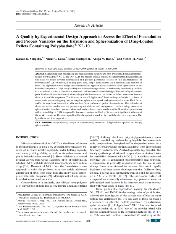 (PDF) A Quality by Experimental Design Approach to Assess the Effect of Formulation and Process ...