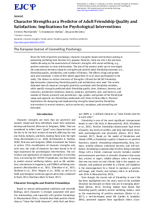 (PDF) Character Strengths as a Predictor of Adult Friendship Quality ...