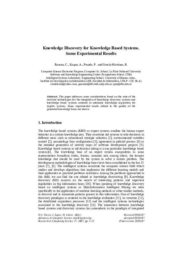 (PDF) Knowledge Discovery for Knowledge Based Systems. Some Experimental Results | Claudio Jorge ...