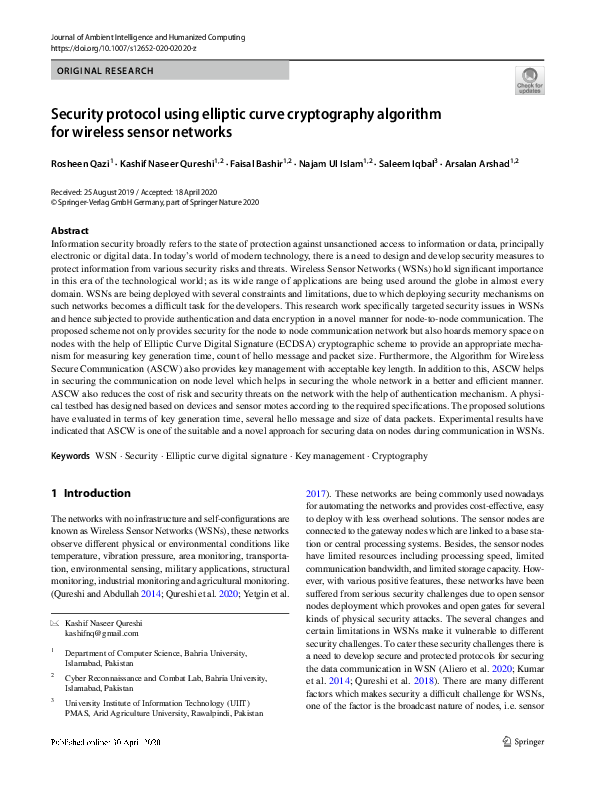 (PDF) Security protocol using elliptic curve cryptography algorithm for wireless sensor networks