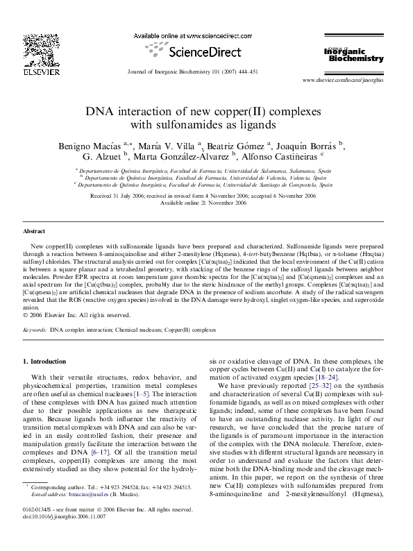 (PDF) DNA interaction of new copper(II) complexes with sulfonamides as ligands | Maria fernanda ...