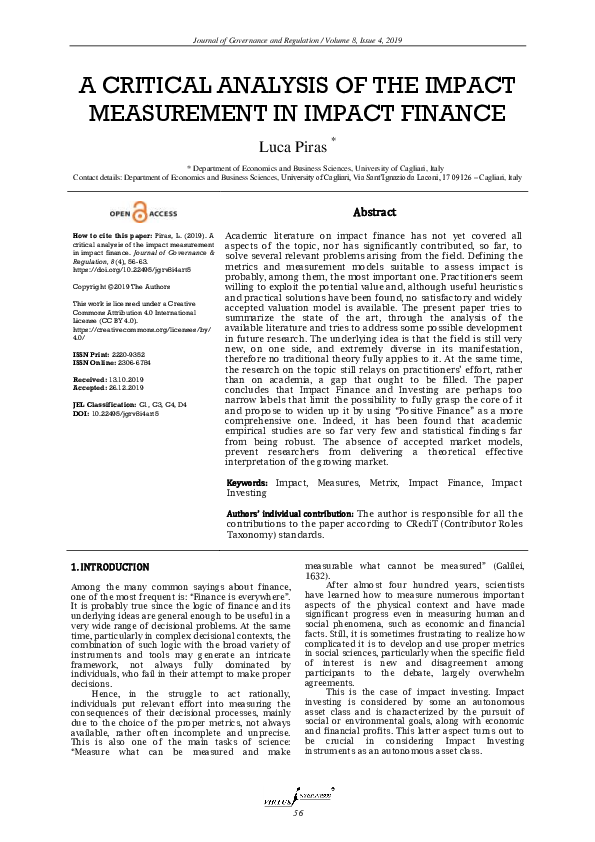 (PDF) A critical analysis of the impact measurement in impact finance