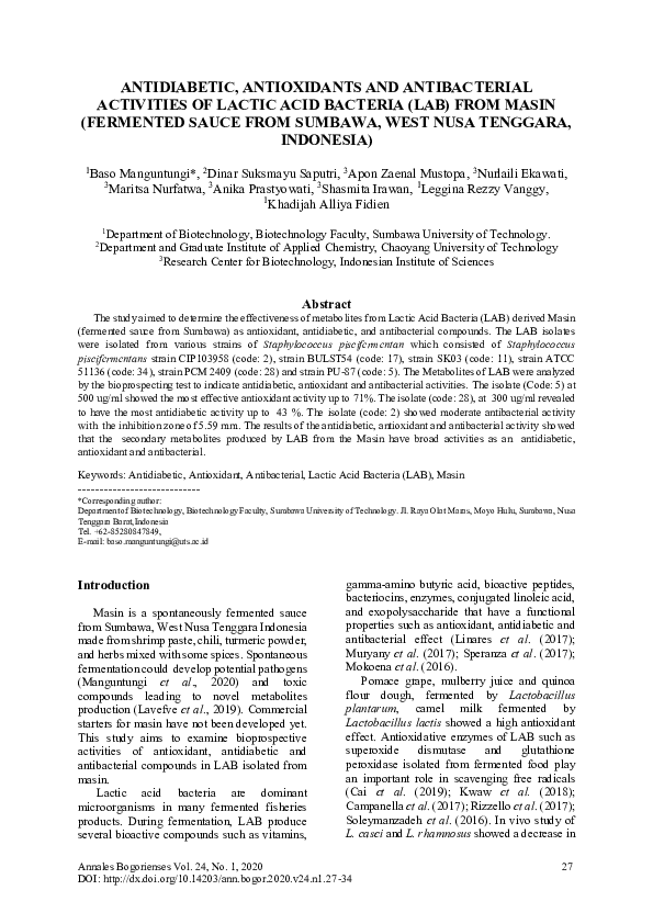 (PDF) Antidiabetic, Antioxidants and Antibacterial Activities of Lactic ...