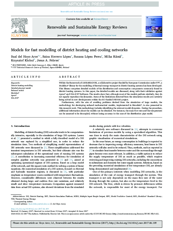 Pdf Models For Fast Modelling Of District Heating And Cooling Networks