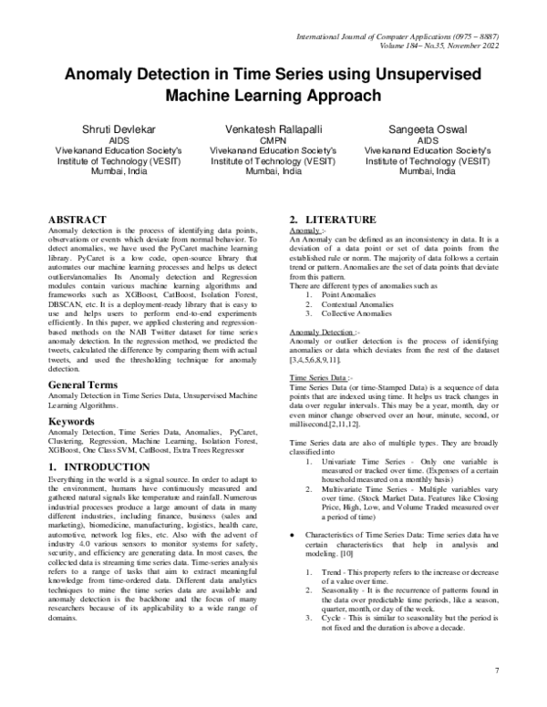 Pdf Anomaly Detection In Time Series Using Unsupervised Machine
