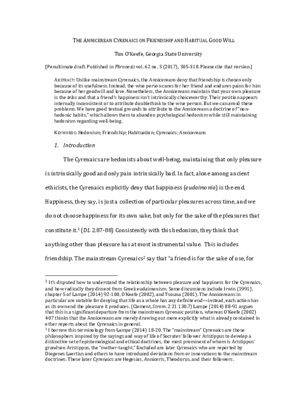 (PDF) The Annicerean Cyrenaics on Friendship and Habitual Good Will