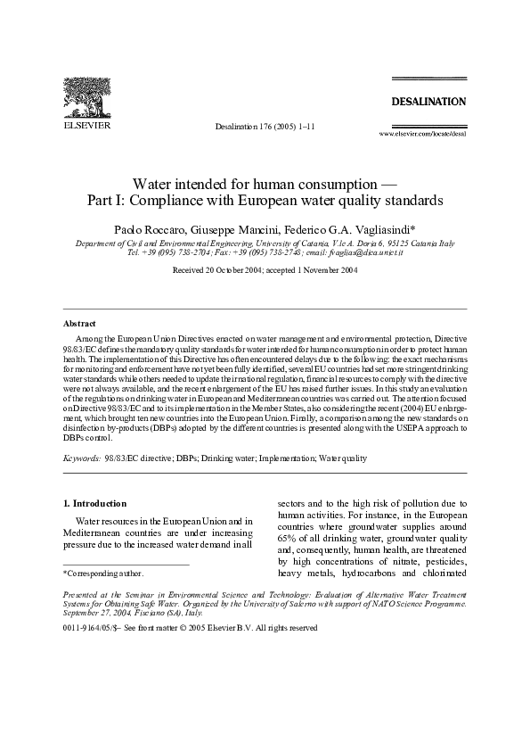 (PDF) Water intended for human consumption — Part I: Compliance with ...