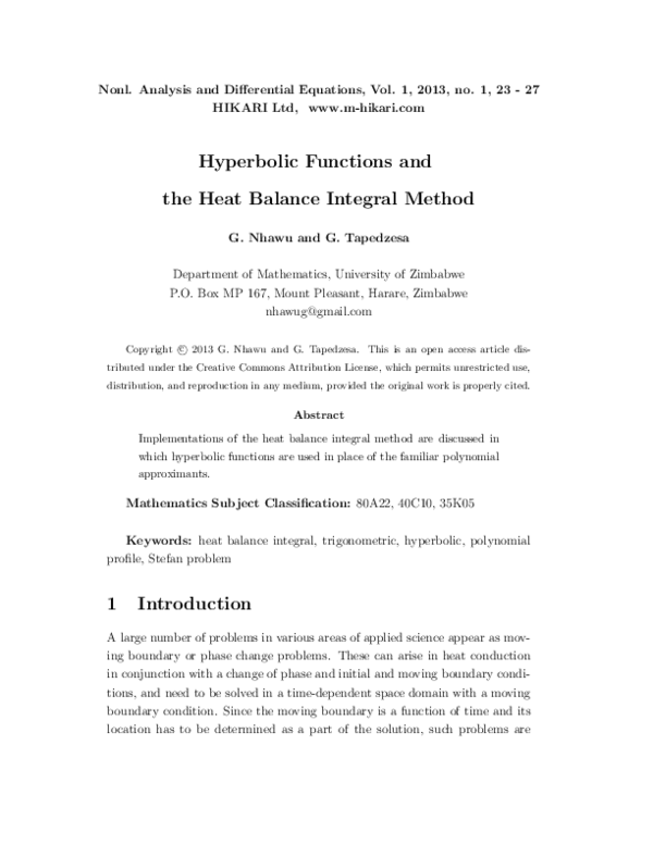 (PDF) Hyperbolic functions and the heat balance integral method
