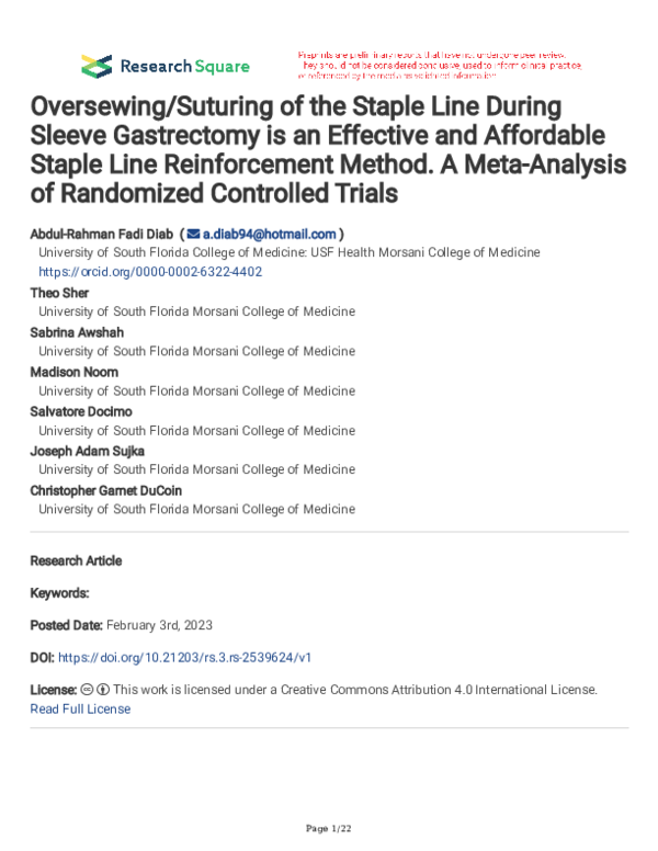 (PDF) Oversewing/Suturing of the Staple Line During Sleeve Gastrectomy ...