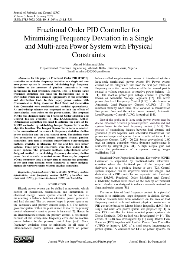 Pdf Fractional Order Pid Controller For Minimizing Frequency