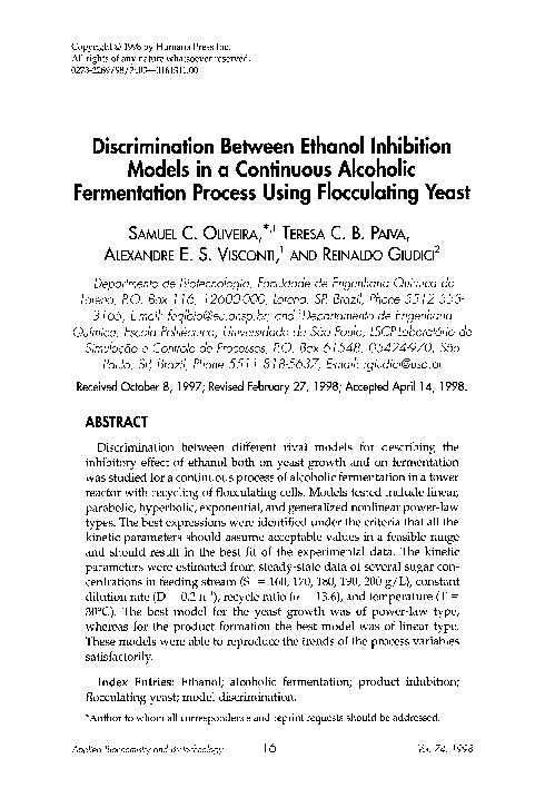 (PDF) Discrimination between ethanol inhibition models in a continuous ...