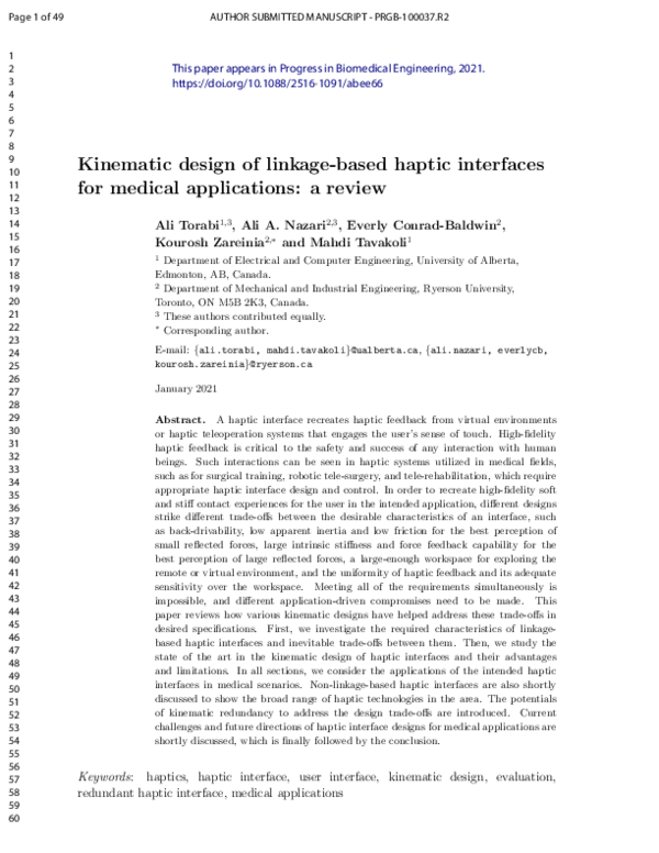 (PDF) Kinematic design of linkage-based haptic interfaces for medical applications: a review