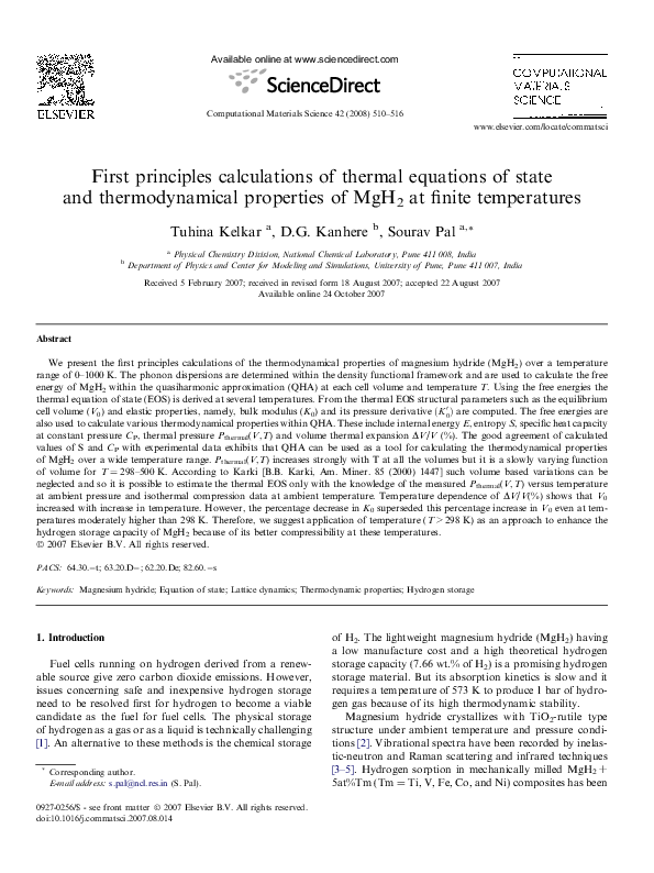 (PDF) First principles calculations of thermal equations of state and ...