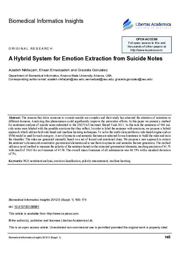 (PDF) A Hybrid System for Emotion Extraction from Suicide Notes