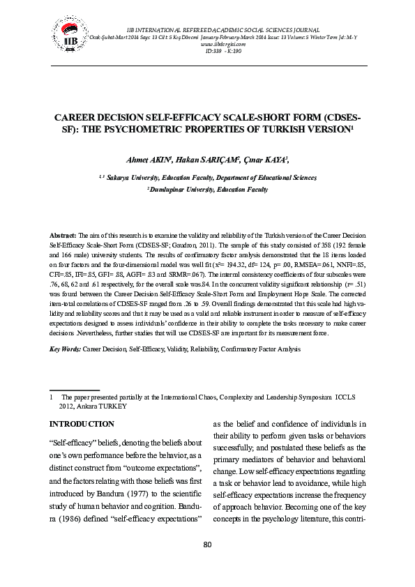 (PDF) Career Decision Self-efficacy Scale-Short form (CDSES-SF): The psychometric properties of ...