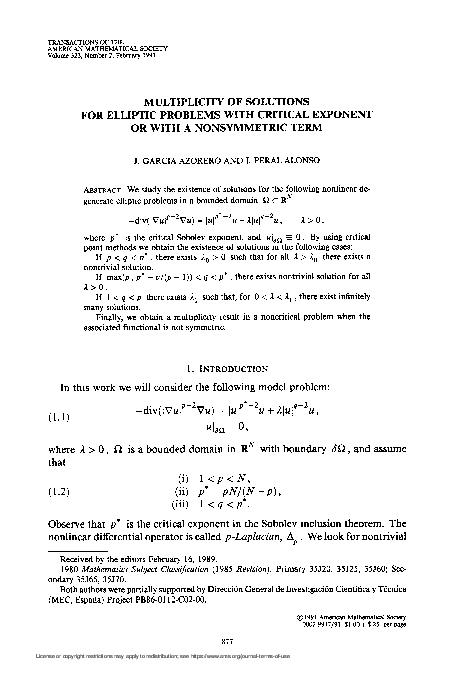 (PDF) Multiplicity of Solutions for Elliptic Problems with Critical Exponent or with a ...