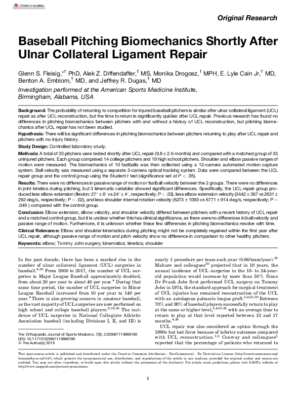 (PDF) Baseball Pitching Biomechanics Shortly After Ulnar Collateral ...