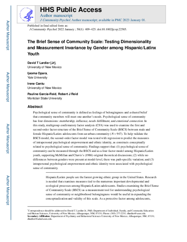(PDF) The brief sense of community scale: Testing dimensionality and ...