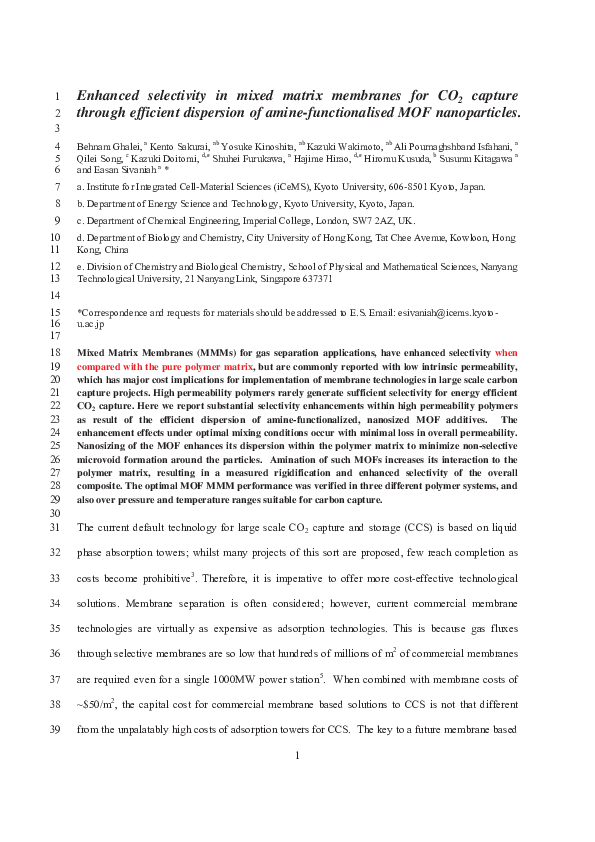 (PDF) Enhanced selectivity in mixed matrix membranes for CO2 capture through efficient ...