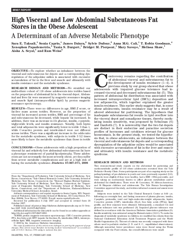 (PDF) High Visceral and Low Abdominal Subcutaneous Fat Stores in the ...