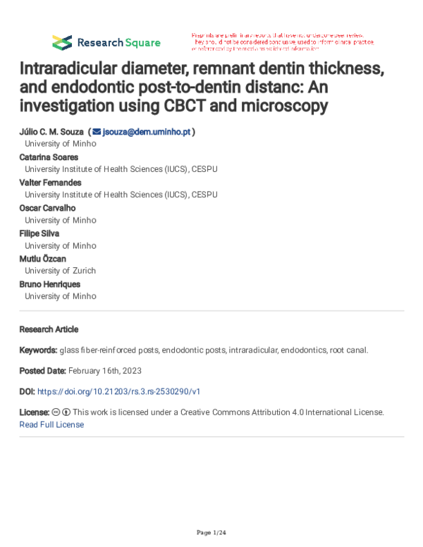 (PDF) Intraradicular diameter, remnant dentin thickness, and endodontic ...