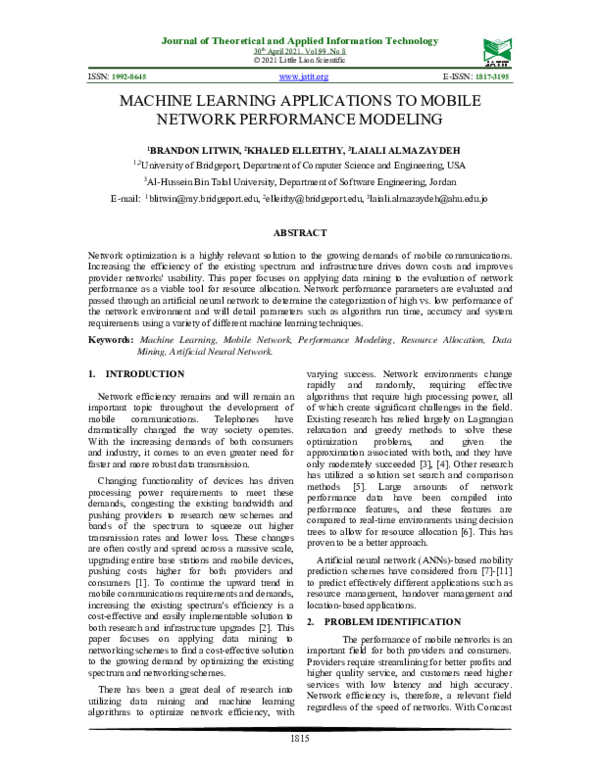 (PDF) Machine Learning Applications to Mobile Network Performance Modeling
