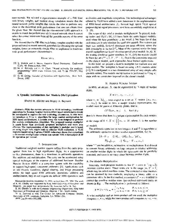 Pdf A Systolic Architecture For Modulo Multiplication Khaled Elleithy