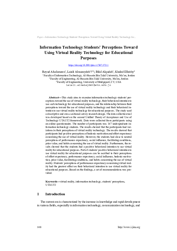 (PDF) Information Technology Students' Perceptions Toward Using Virtual Reality Technology for ...
