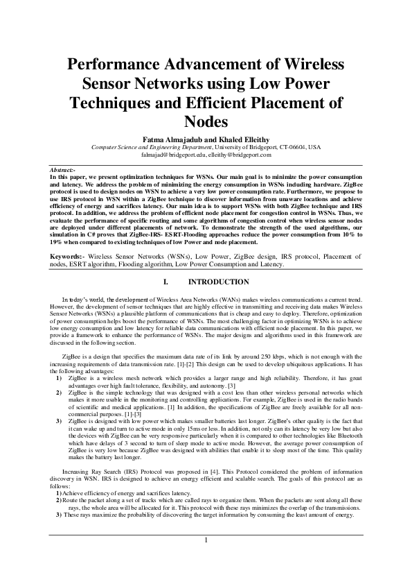(PDF) Performance Advancement of Wireless Sensor Networks using Low Power Techniques and ...