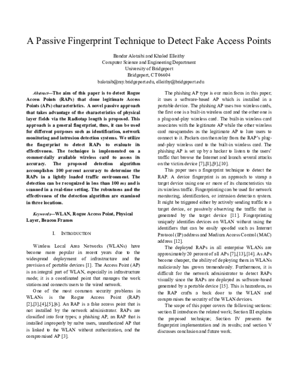(PDF) A Passive Fingerprint Technique to Detect Fake Access Points