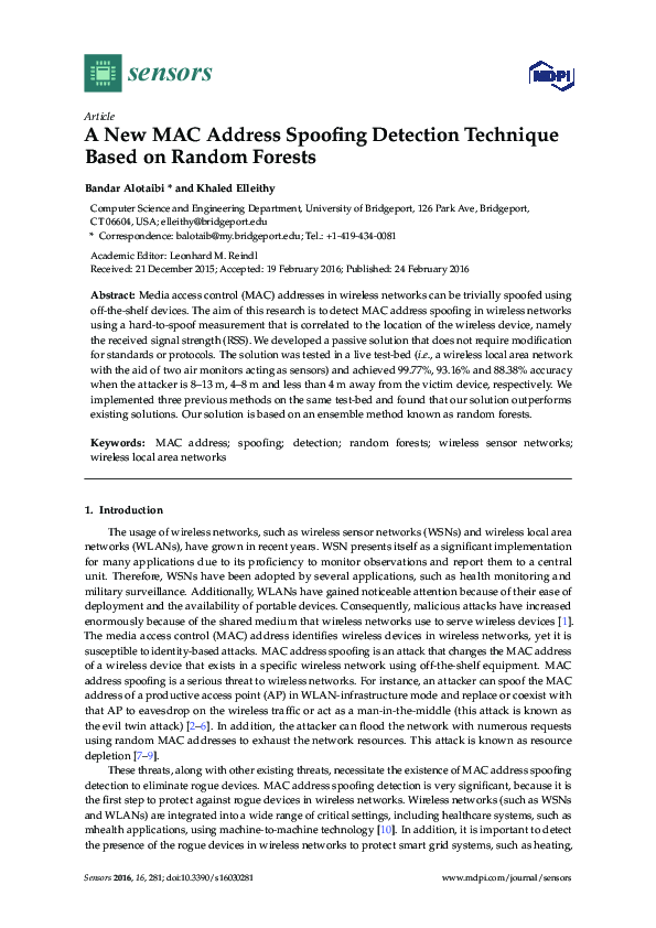 (PDF) A New MAC Address Spoofing Detection Technique Based on Random Forests