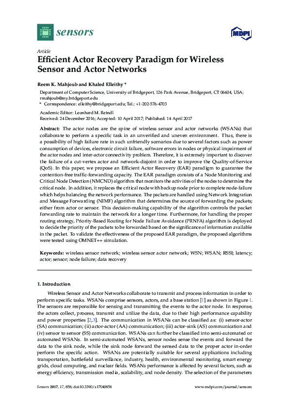 Pdf Efficient Actor Recovery Paradigm For Wireless Sensor And Actor Networks Khaled Elleithy