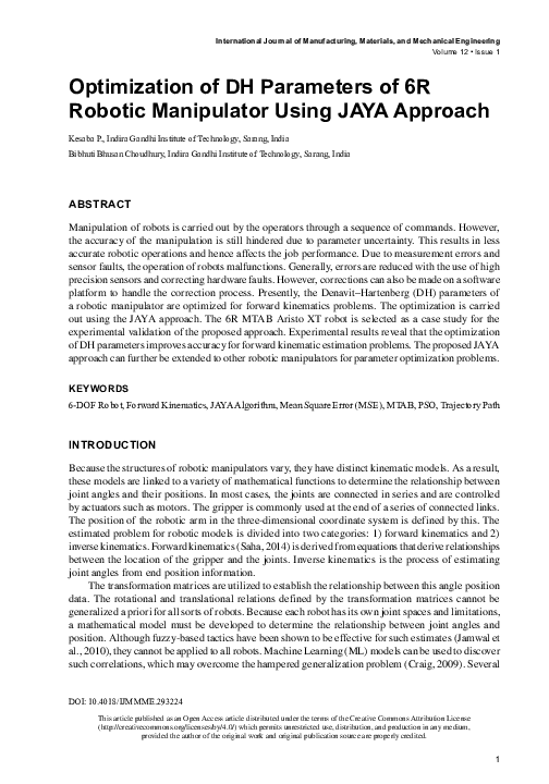 (PDF) Optimization of DH Parameters of 6R Robotic Manipulator Using JAYA Approach