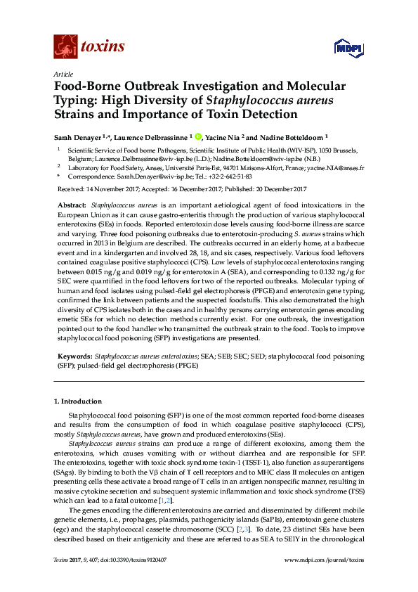 (PDF) Food-Borne Outbreak Investigation and Molecular Typing: High Diversity of Staphylococcus ...