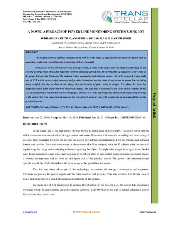 (PDF) A Novel Approach of Power-Line Monitoring System using IOT