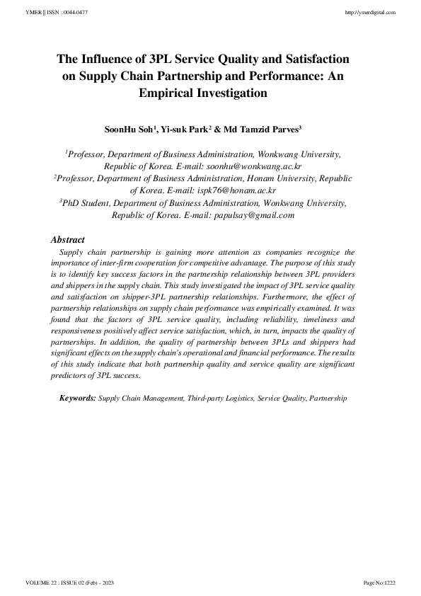 (PDF) The Influence of 3PL Service Quality and Satisfaction on Supply ...